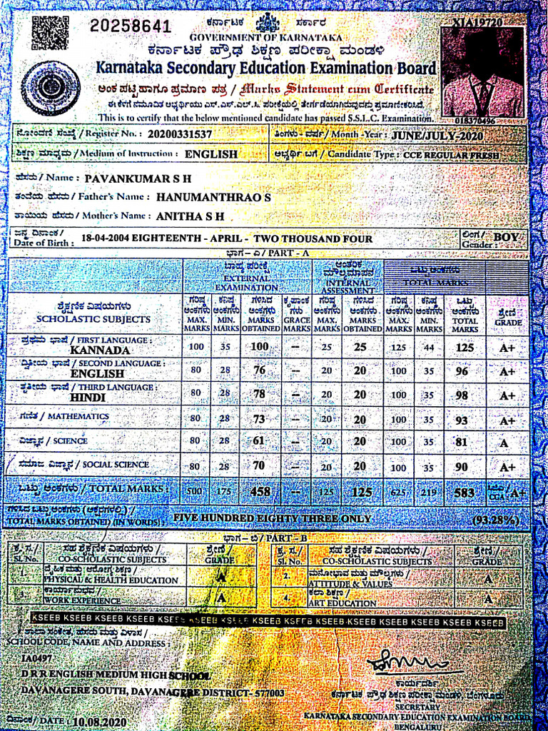SSLC Marks Card | PDF
