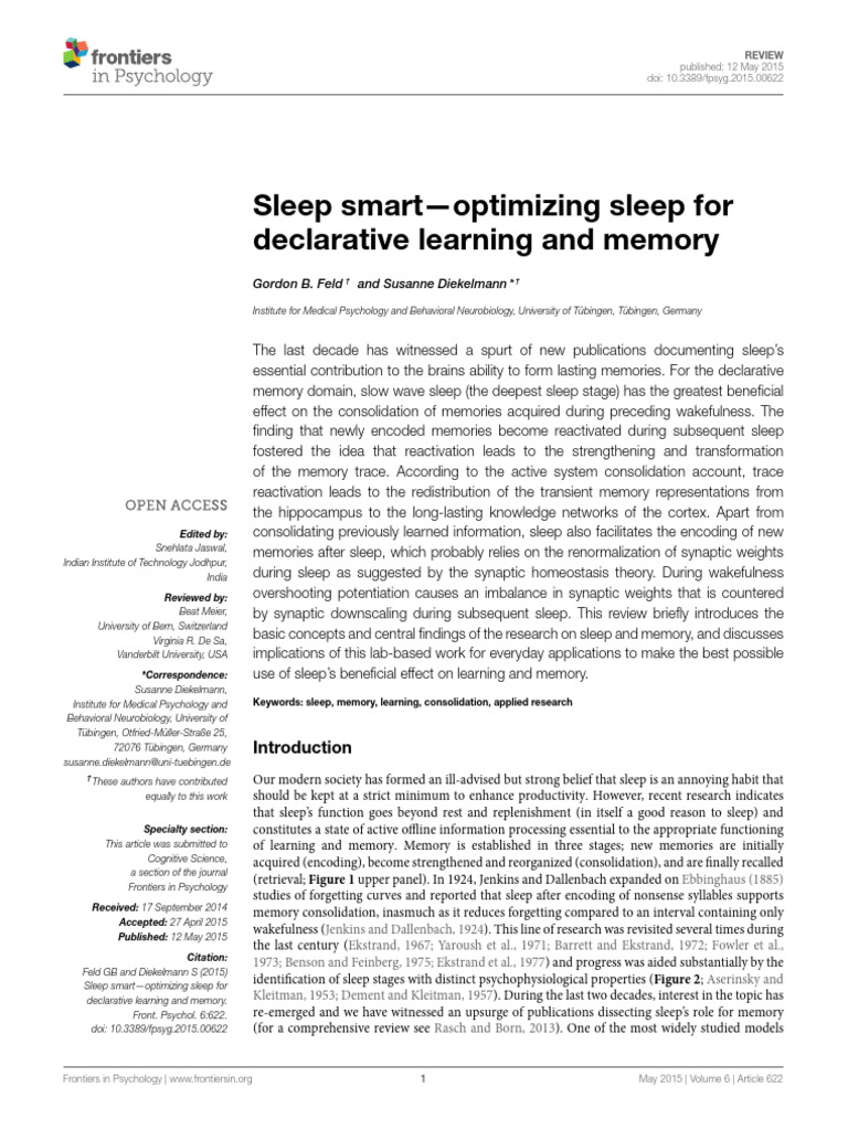 Feld - gb2015 Sleep Smart - Optimizing Sleep For Declarative Learning | PDF | Hippocampus | Sleep