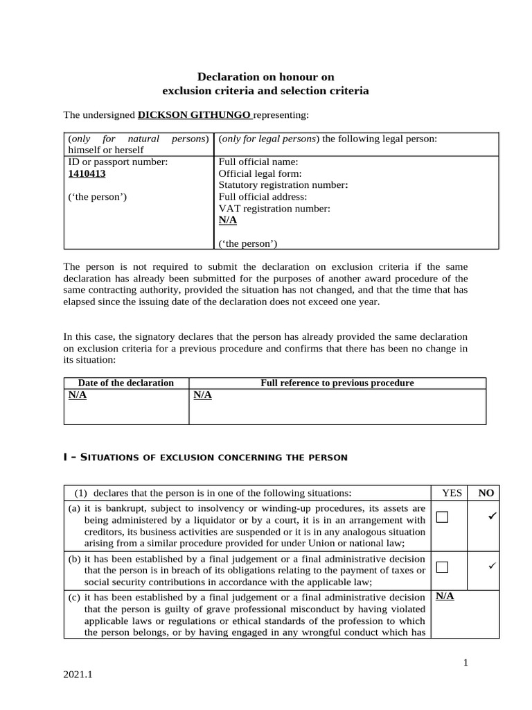 14 A14a - Declaration - Honour - Procurement - en | PDF | Bankruptcy ...