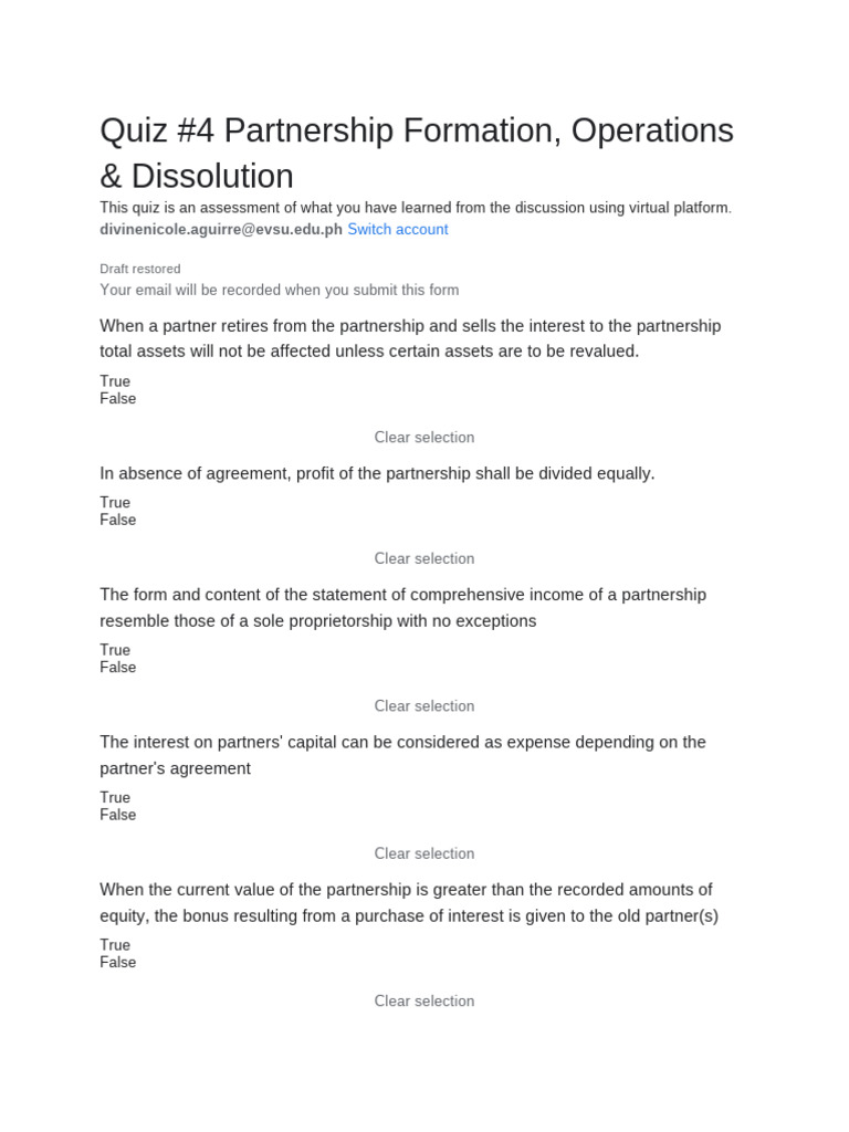 Quiz #4 Partnership Formation, Operations & Dissolution | PDF | Partnership | Expense
