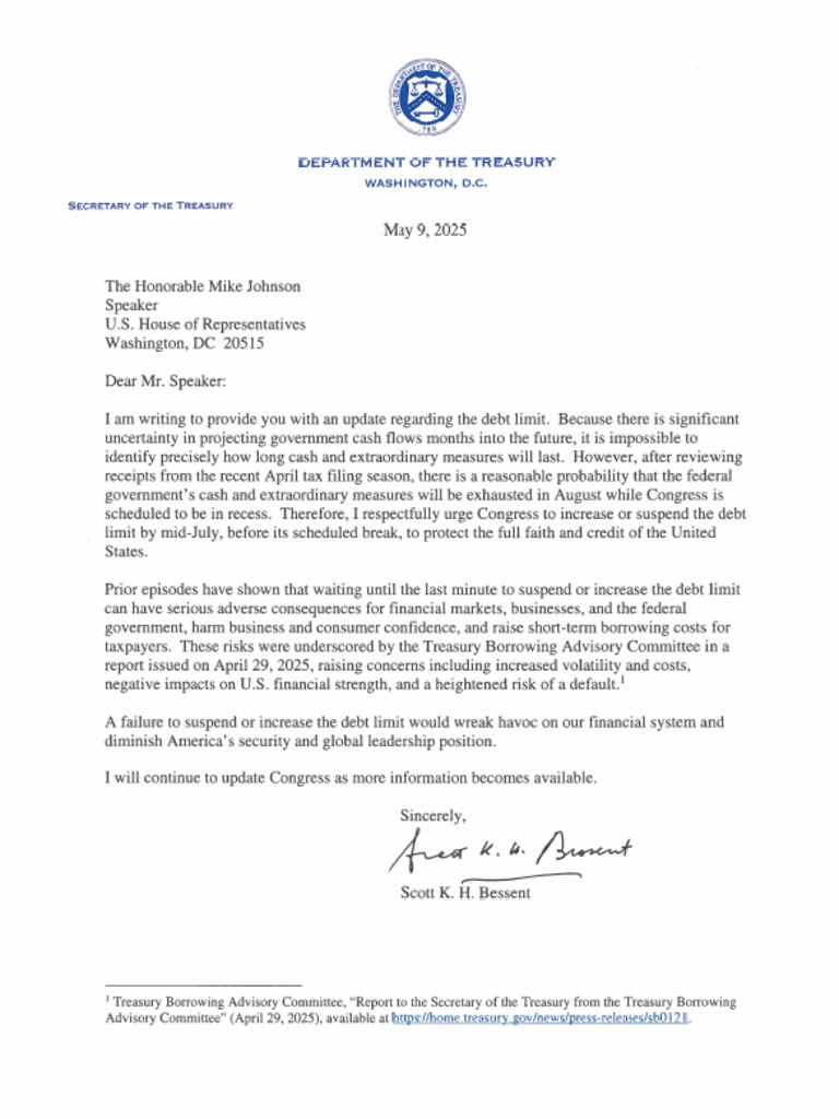 Debt Limit Letter To Congress May 9 2025 | PDF
