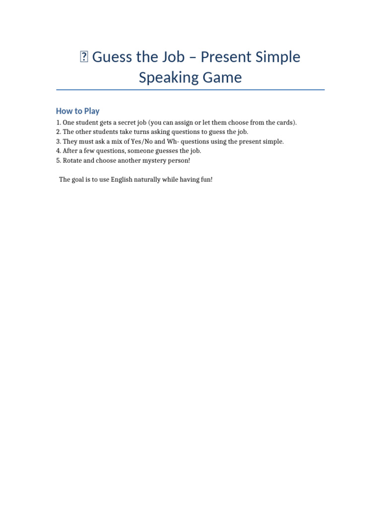 Guess the Job Speaking Game Guide | PDF