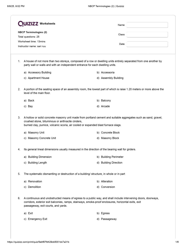 NBCP Terminologies (2) - Quizizz | PDF | Masonry | Concrete
