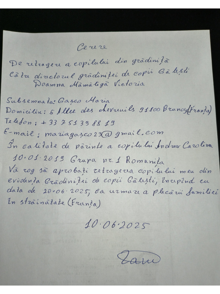 Cerere de Retragere A Copilului Din Gradinita | PDF