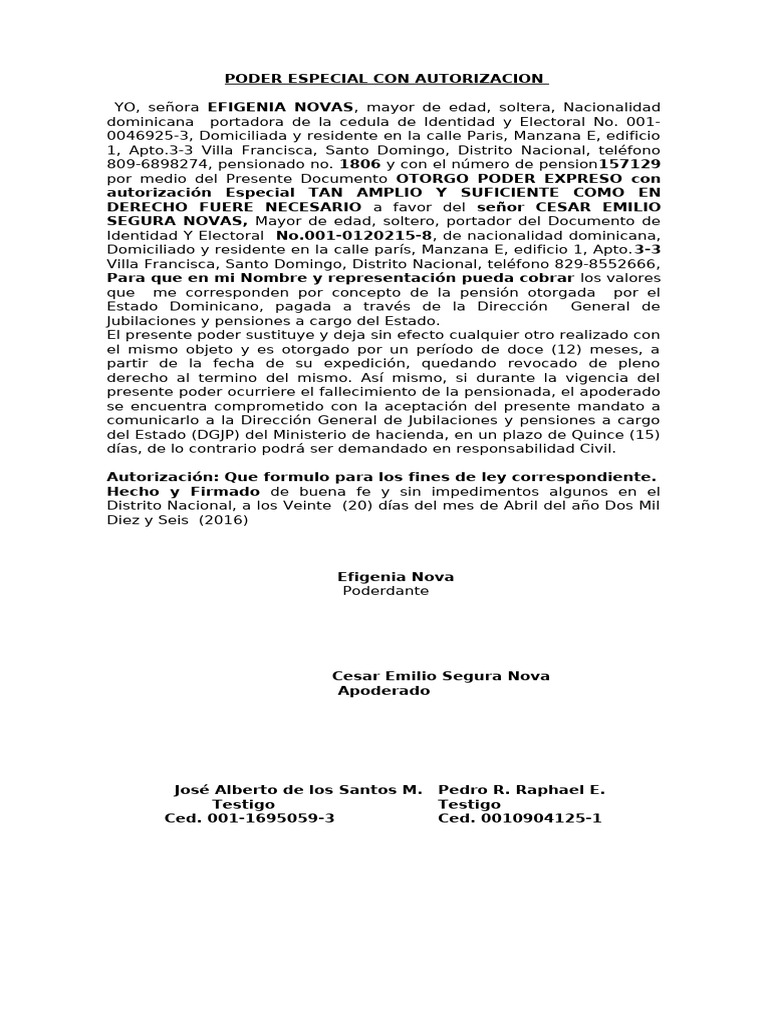 Poder Especial Con Autorizacion Cesar Segura 2016 | PDF | República ...