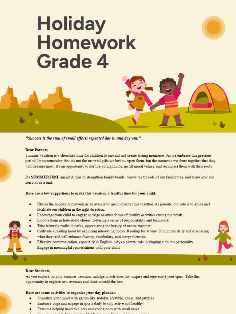 Grade 4 Summer Holiday Homework Guide | PDF | Menu