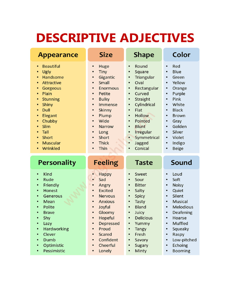 Descriptive Adjectives - Slide | PDF