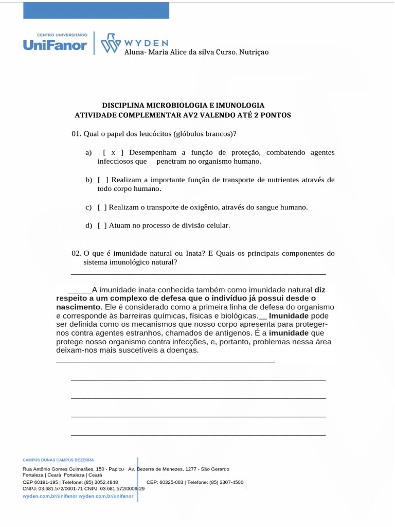ATIVIDADE COMPLEMENTAR AV2 (1) Microo | PDF | Sistema imunológico | Célula T