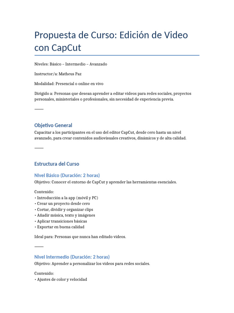 Propuesta Curso CapCut Matheus Paz | PDF