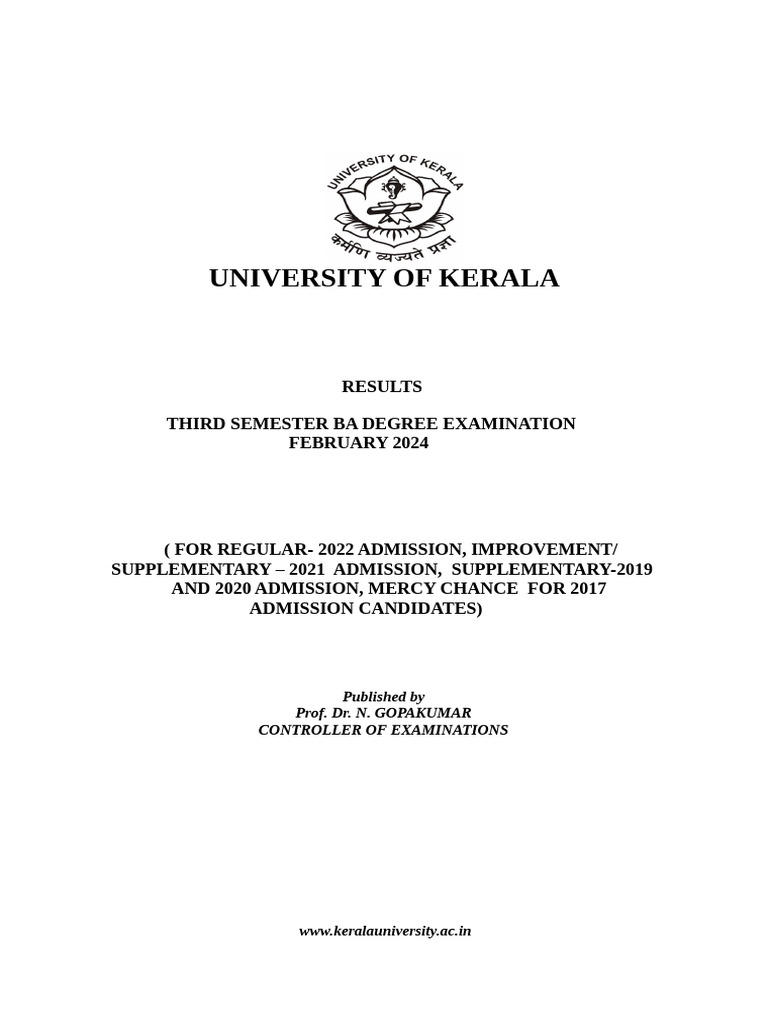 University of Kerala: Results Third Semester Ba Degree Examination February 2024 | PDF ...