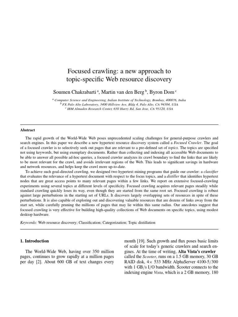 Focused Crawling: A New Approach To Topic-Specific Web Resource Discovery | PDF | Search Engine ...