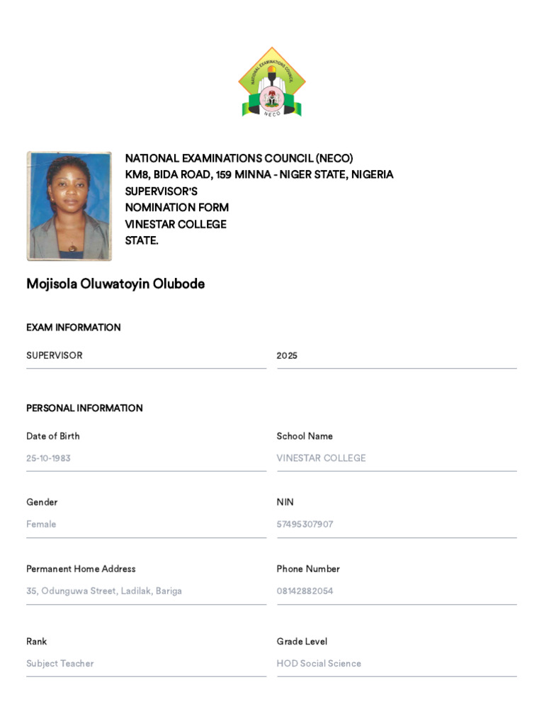 NECO Supervisor Appointment Form 2025 | PDF | Qualifications
