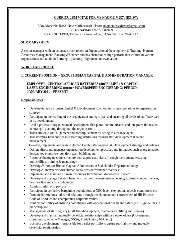 CV of Naome Muzvidziwa | PDF | Human Resource Management | Strategic ...