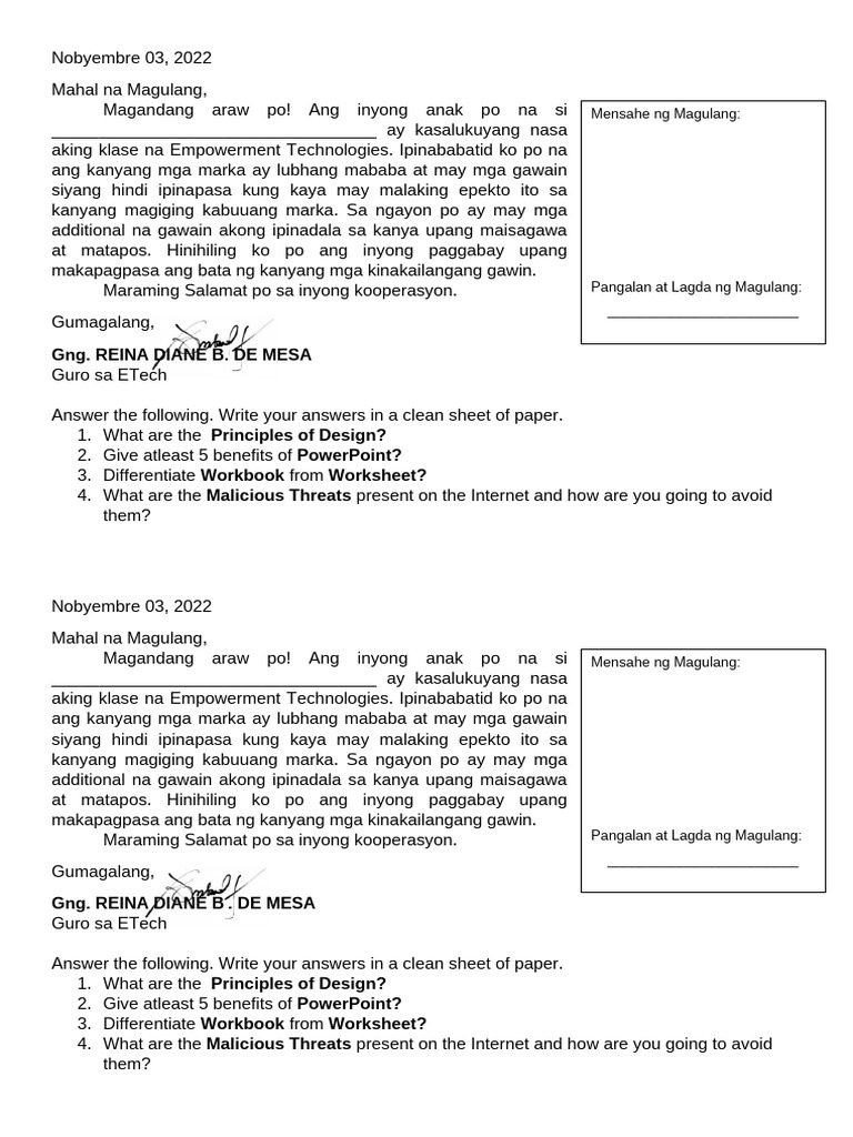 Etech Letter For Parents 1st Uarter | PDF