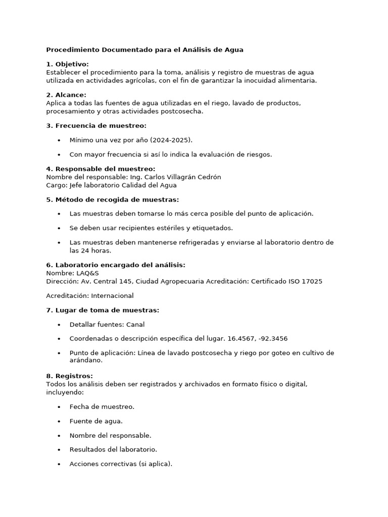 Procedimiento Documentado para El Análisis de Agua | PDF | Agua