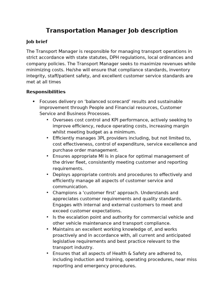 136-Transportation Manager Job Description | PDF | Regulatory ...