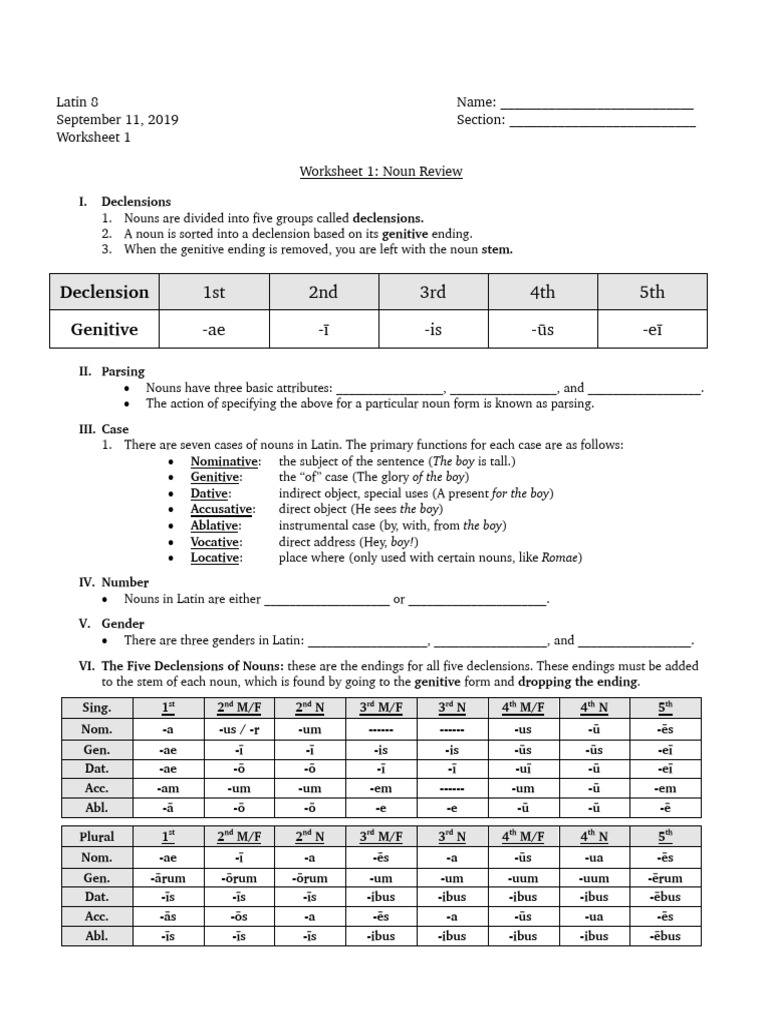 Latin Noun Declensions Worksheet | PDF | Morphology | Language Mechanics