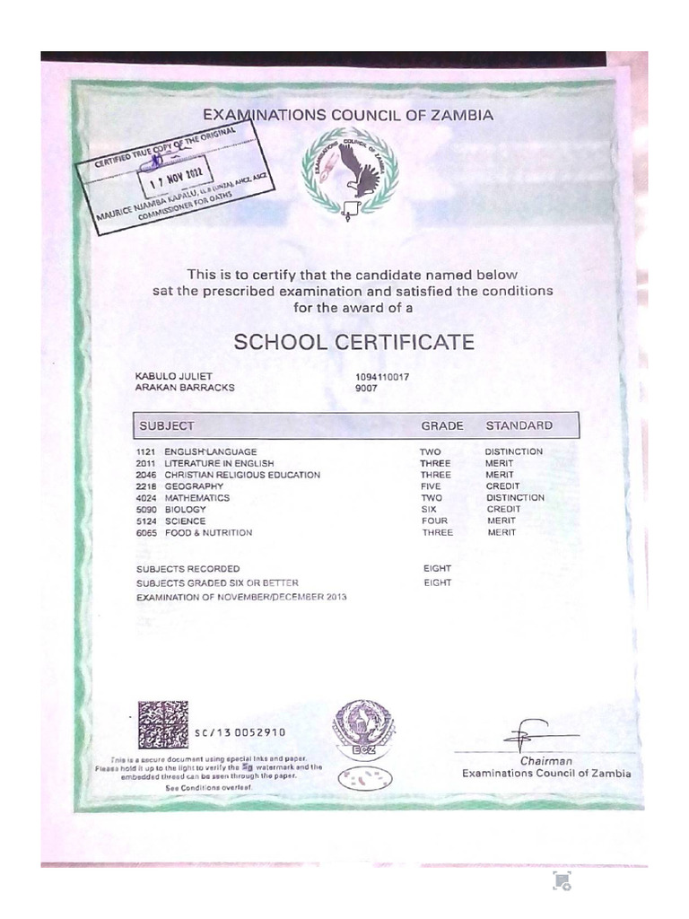 Juliet's Grade 12 Certificate | PDF
