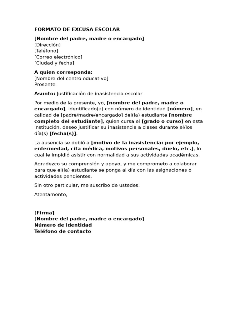 Formato de Excusa Escolar para Cualquier Nivel | PDF