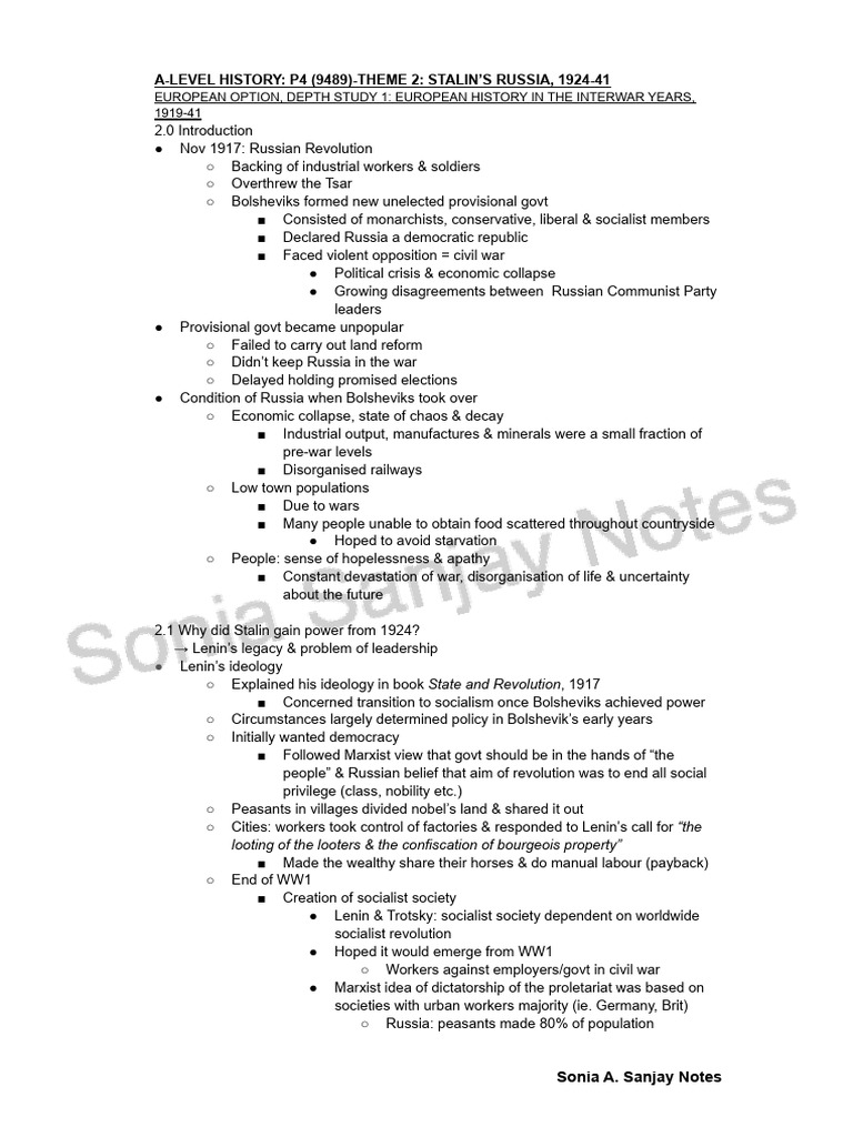 Cambridge A Level History 9489 Paper 4 Stalins Russia 1929 41 Notes P ...