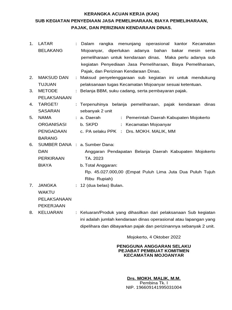 13 Kak Penyediaan Jasa Pemeliharaan Biaya Pemeliharaan Pajak Dan Perizinan Kendaraan Dinas ...
