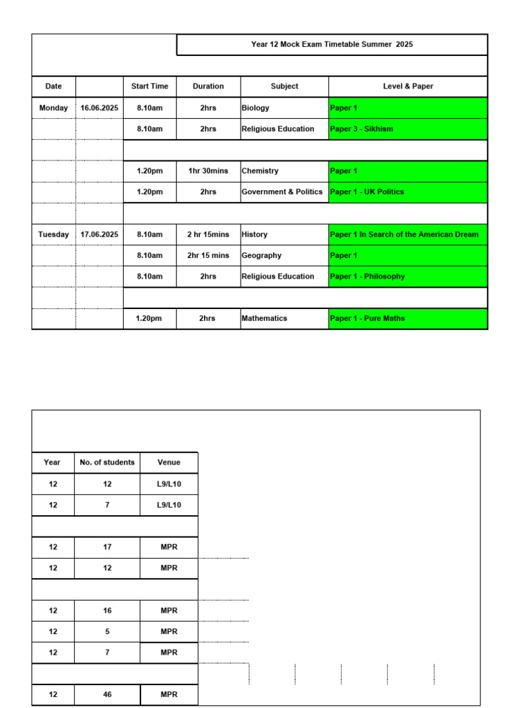 Year 12 Mock Exam Timetable - Summer 2025 - Student | PDF | Mathematics ...
