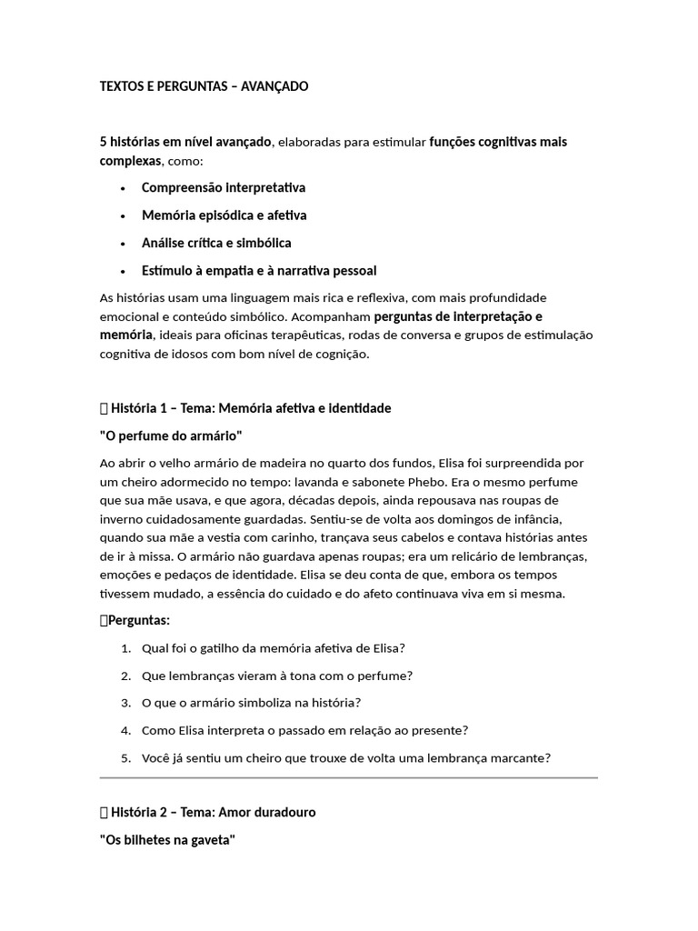 Histórias Avançadas para Estimulação Cognitiva | PDF | Tempo | Amor