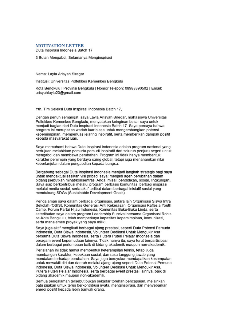 Motivation Letter Duta Inspirasi Indonesia Batch 17 LaylaArisyah ...