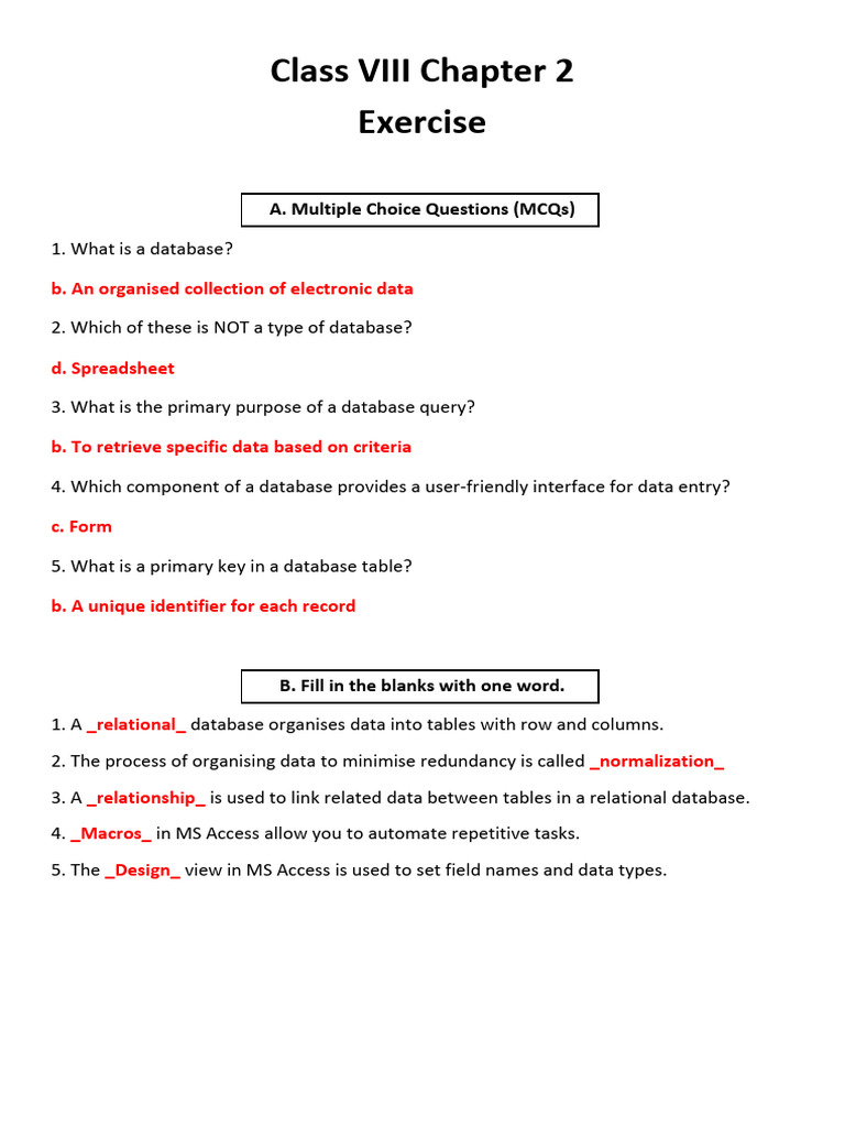 Class VIII Chapter 2 Exercise | PDF | Microsoft Access | Databases