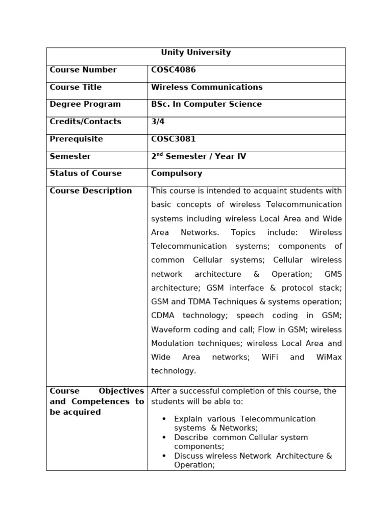 Wireless Communication Course Outline-UU | PDF | Gsm | Cellular Network