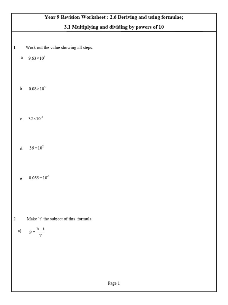 Year 9 - Math Unit 2 - 2.6 and Unit 3 - 3.1 Revision - WS | PDF