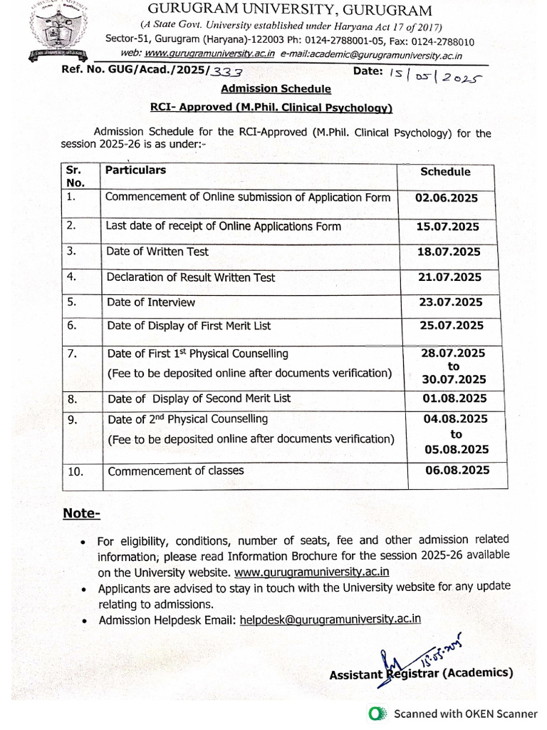Admission Schedule For RCI - Approved (M.phil. Clinical Psychology) For ...