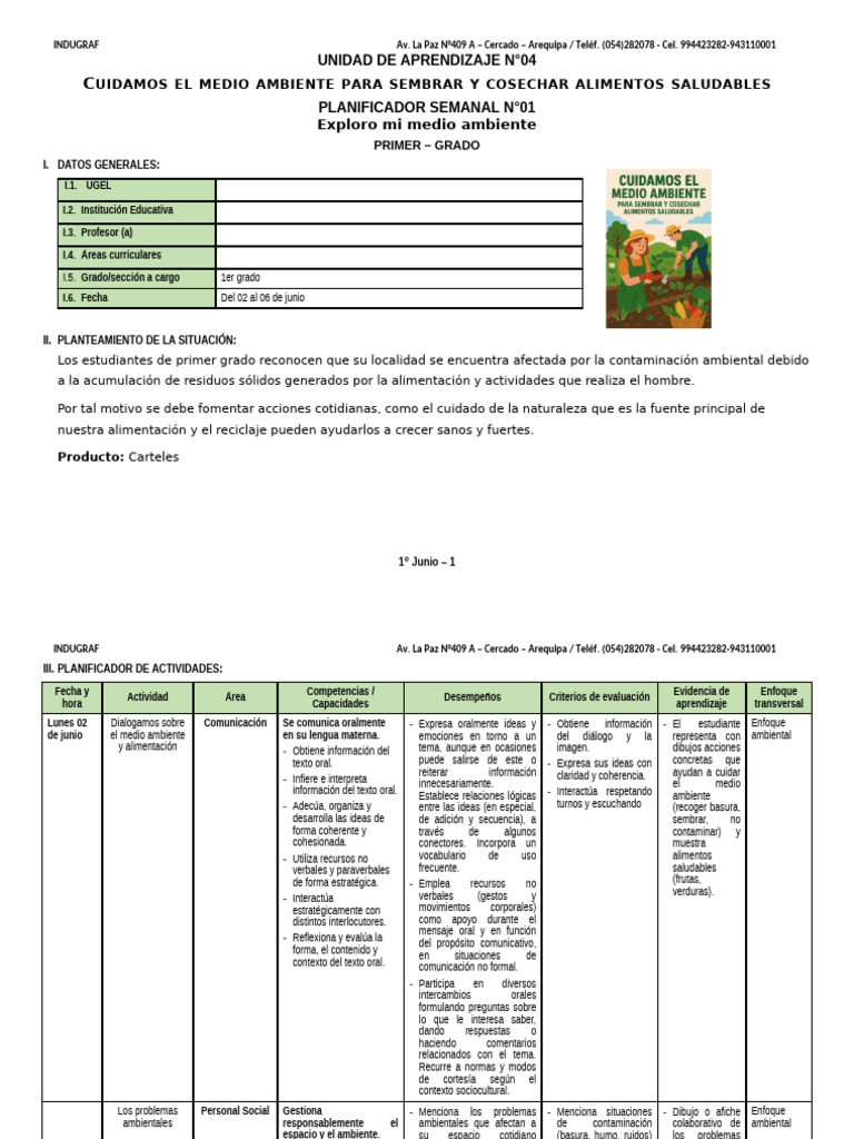 1° Grado - Planificador Semanal Del 02 Al 06 de Junio | PDF | Aprendizaje | Entorno natural
