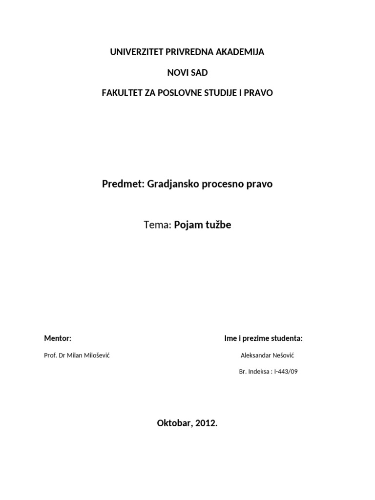 Pojam Tužbe - Gradjansko Procesno Pravo-Seminarski Rad | PDF