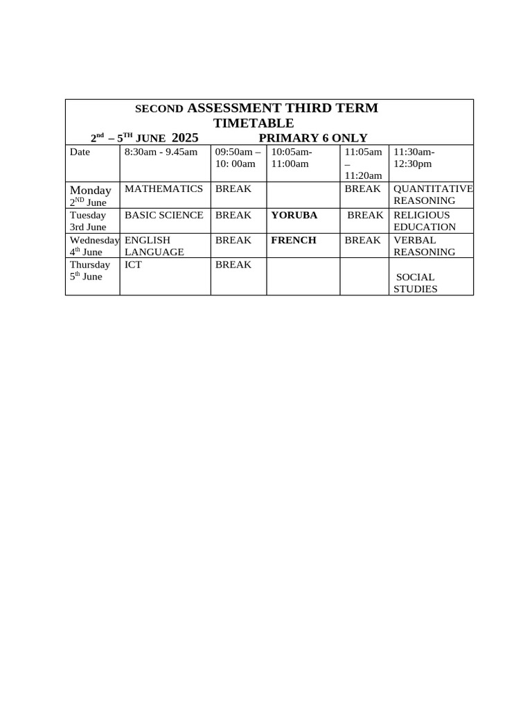 Second Assessment Time Table For Third Term June 2025 | PDF