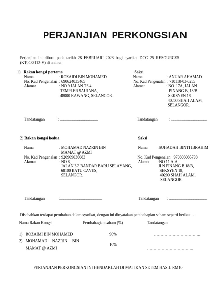 Perjanjian Perkongsian DCC Resources | PDF