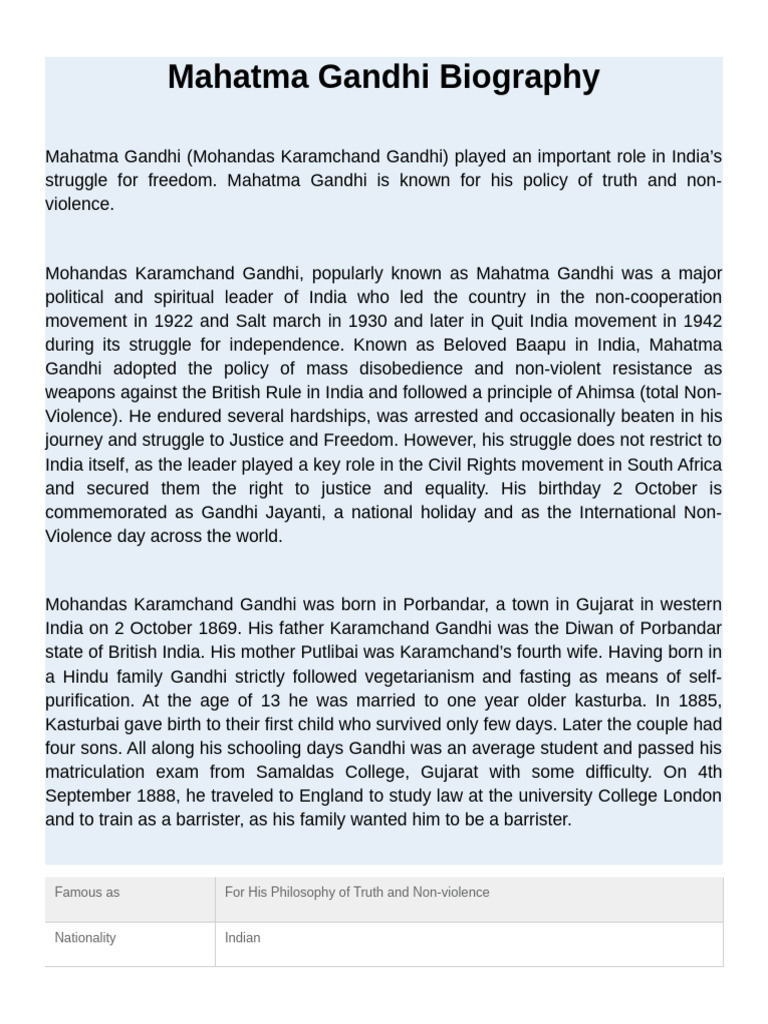 Mahatma Gandhi Biography and Sociology of Law | PDF | Mahatma Gandhi | Indian Nationalism