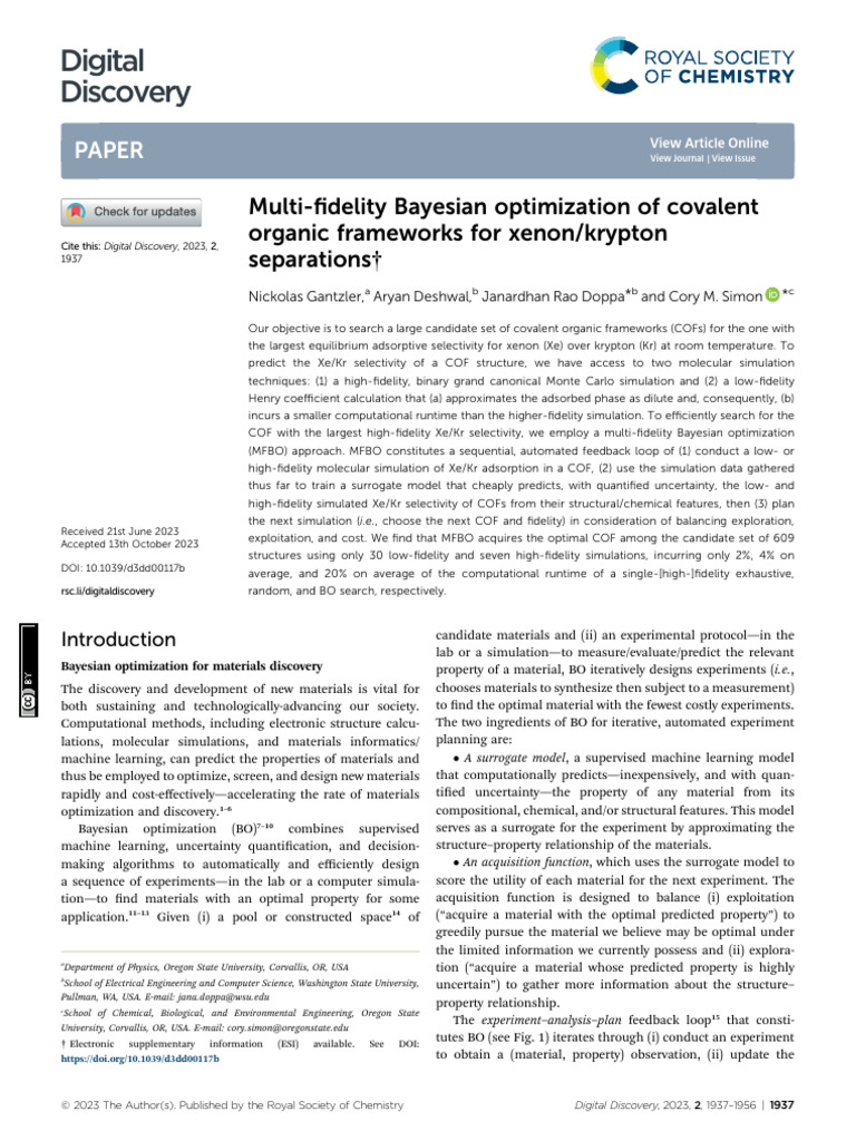 Multi-Fidelity Bayesian Optimization of Covalent Organic Frameworks For XenonKrypton Separations ...