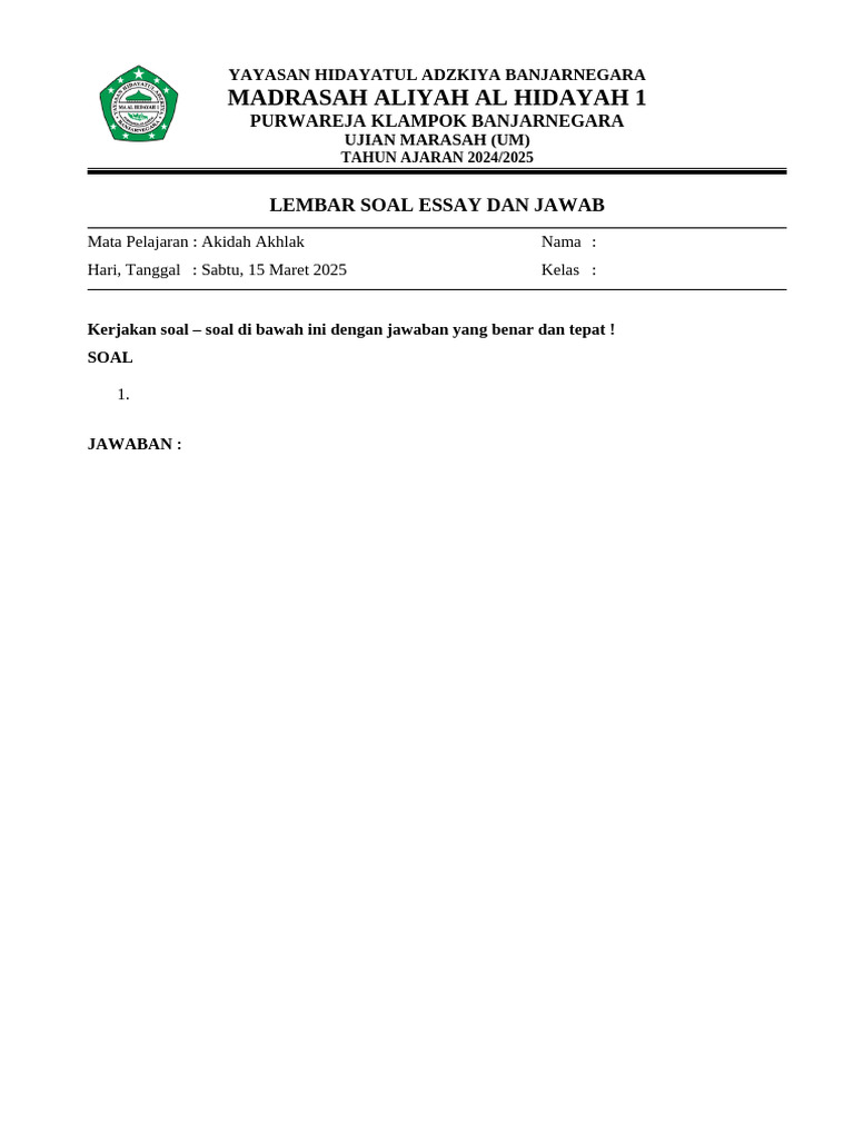 Format Lembar Soal Essay UM | PDF