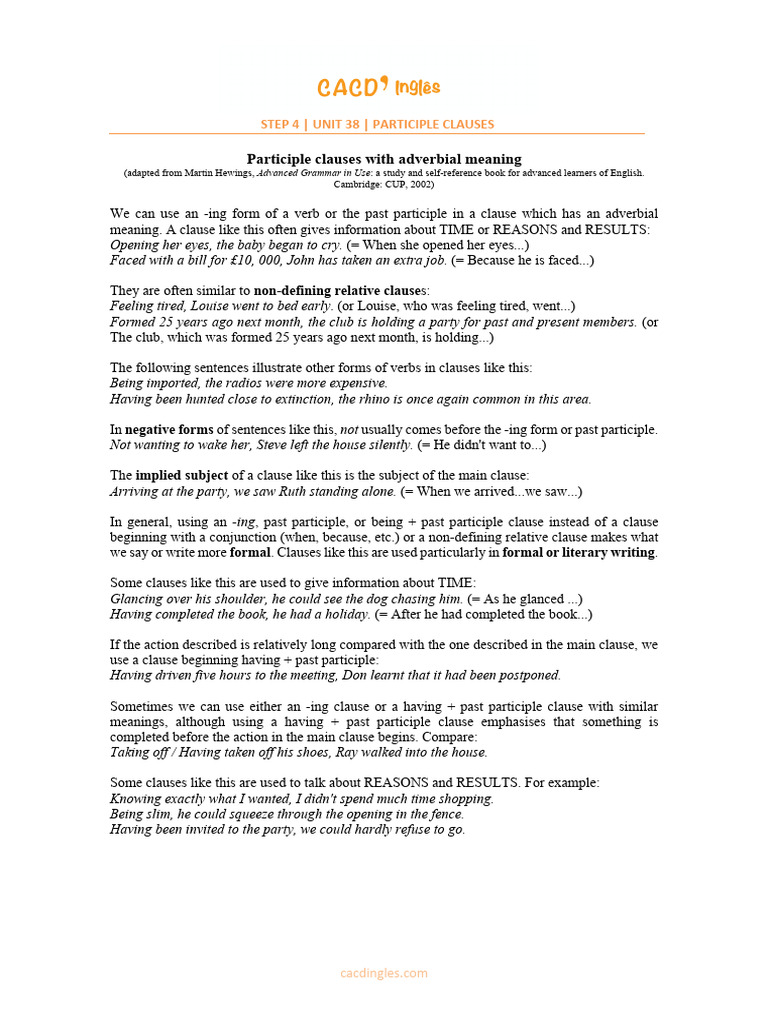 Step 4 - Unit 38 - Participle Clauses | PDF | Clause | Subject (Grammar)