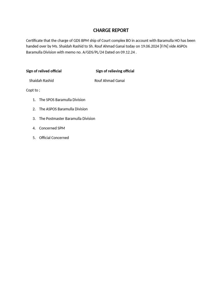 Charge Report: Sign of Relived Official Sign of Relieving Official | PDF