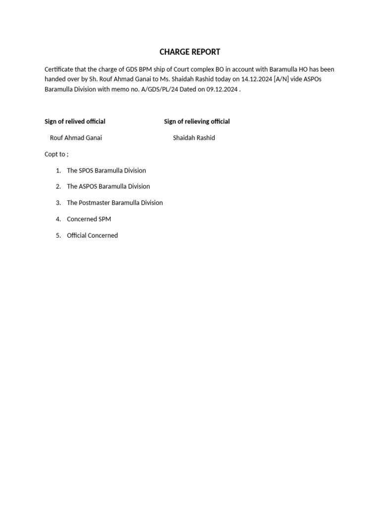 Charge Report: Sign of Relived Official Sign of Relieving Official | PDF