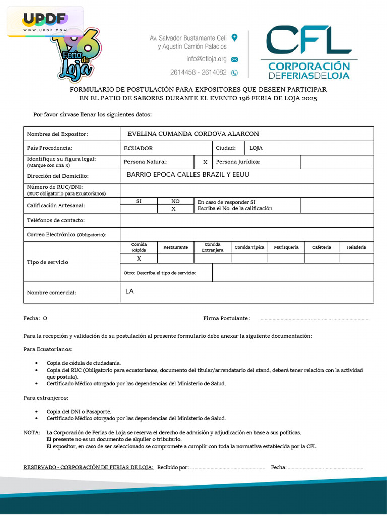 Formulario Patio de Sabores 196 Feria de Loja 2025 | PDF | Control de ...