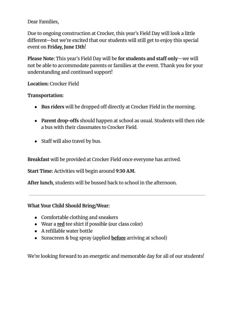 Field Day Letter To Families | PDF