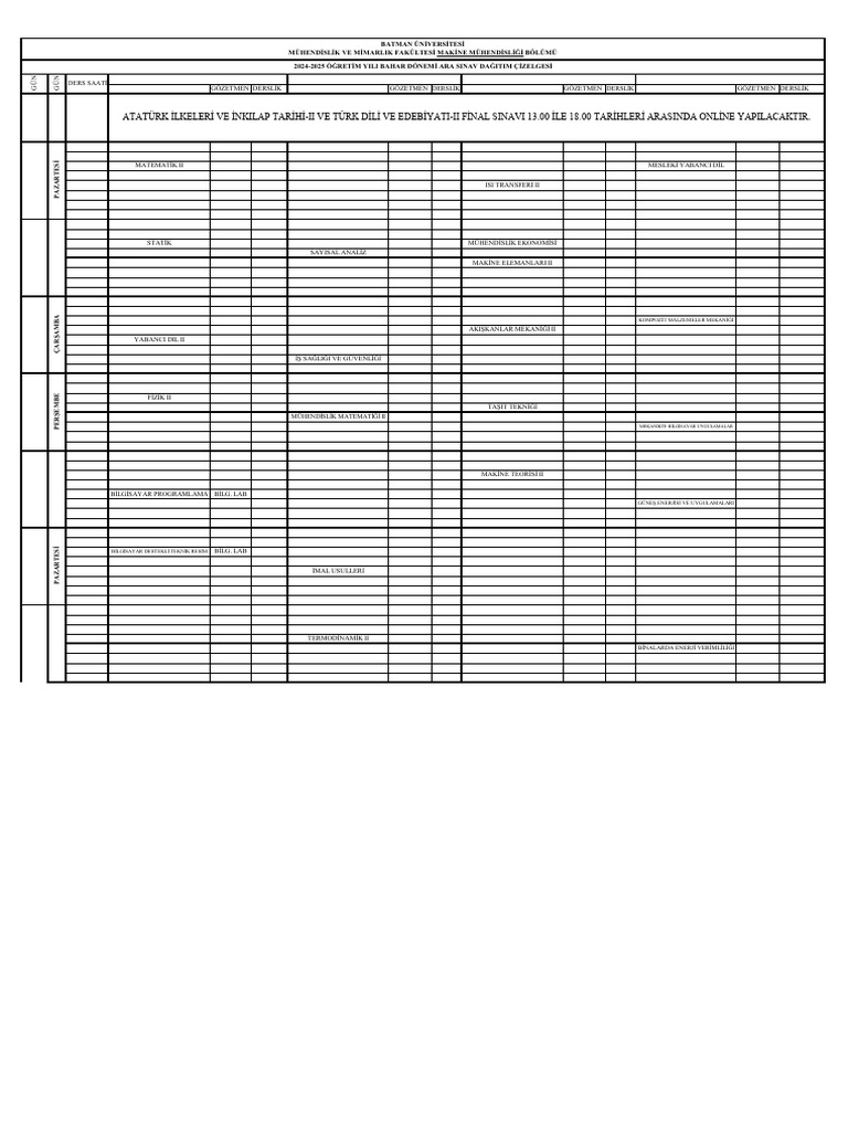 Makine Müh. 2024-2025 Bahar Final Sınav Programı-1 | PDF