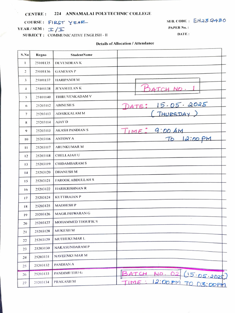 Q025 Course Attendance List | PDF