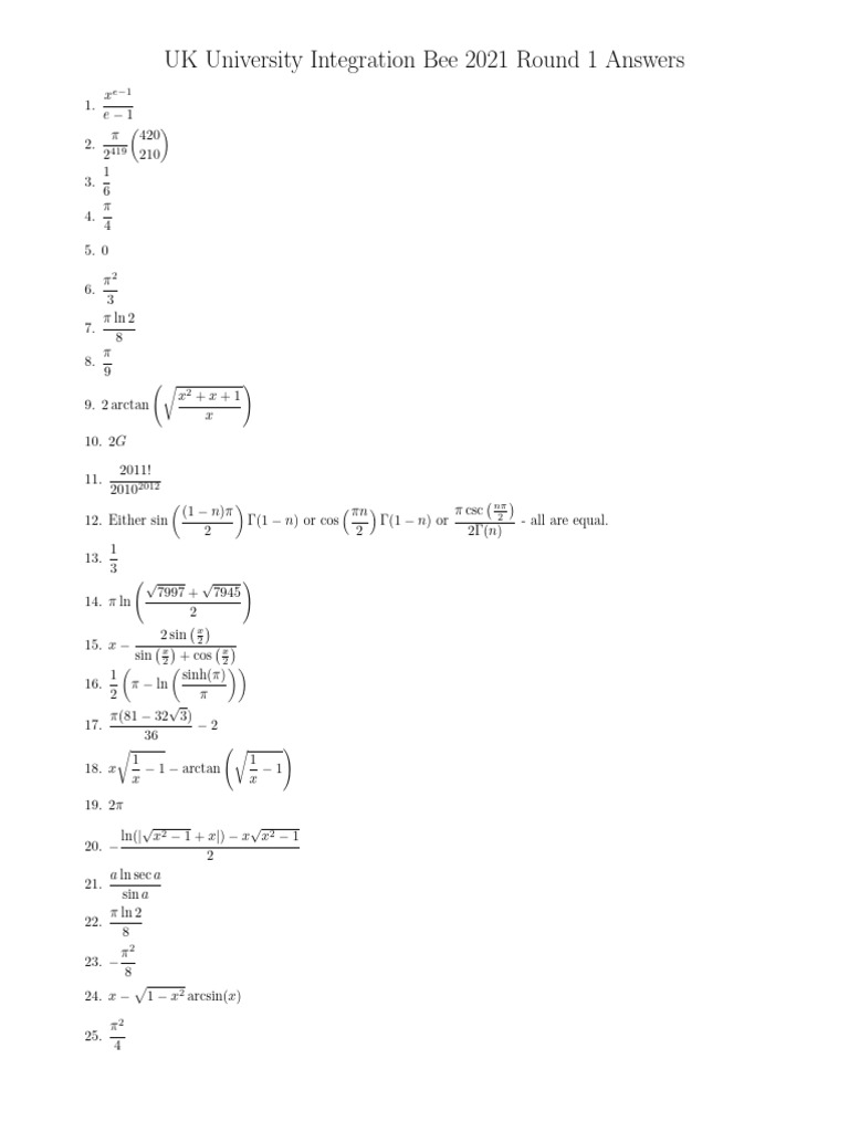 UK University Integration Bee 2021 Round 1 Answers 2 | PDF
