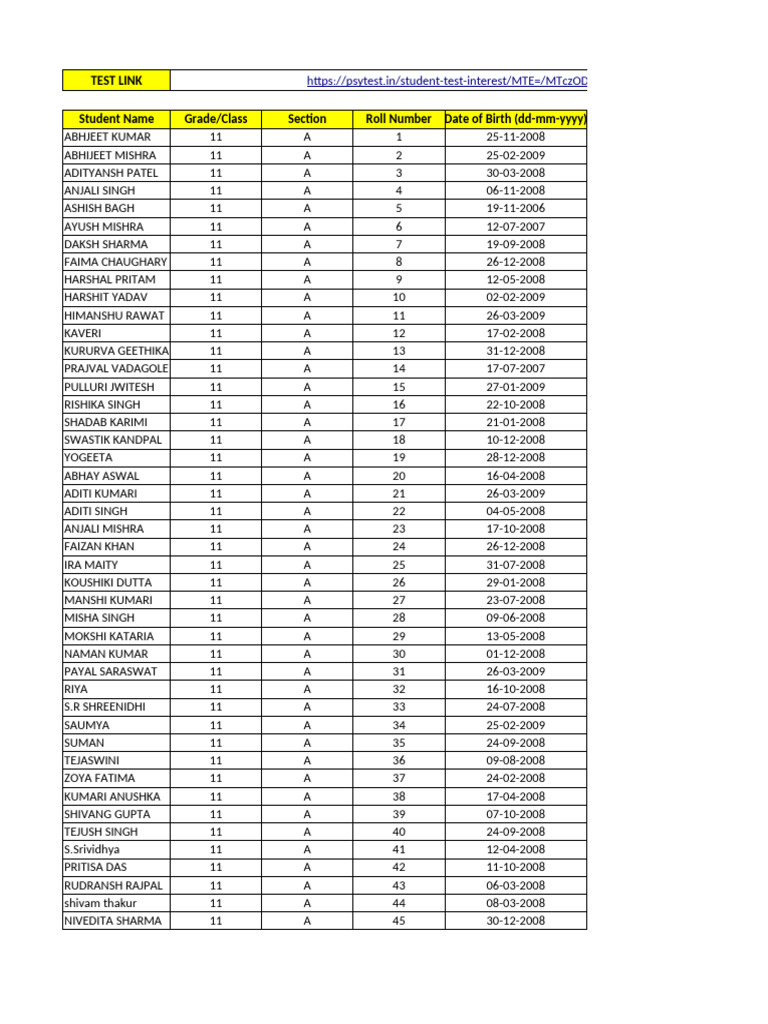 Test Link Student Name Grade/Class Section Roll Number Date of Birth ...