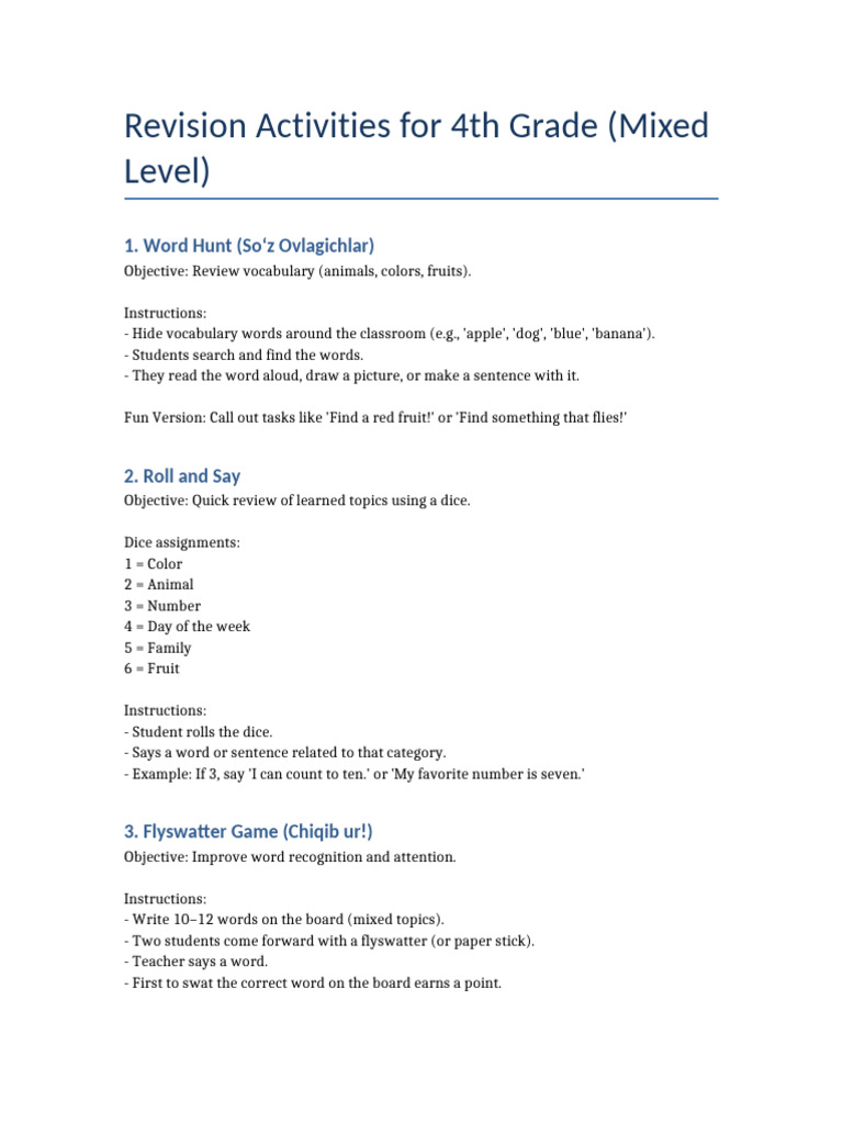 Revision Activities Grade4 | PDF