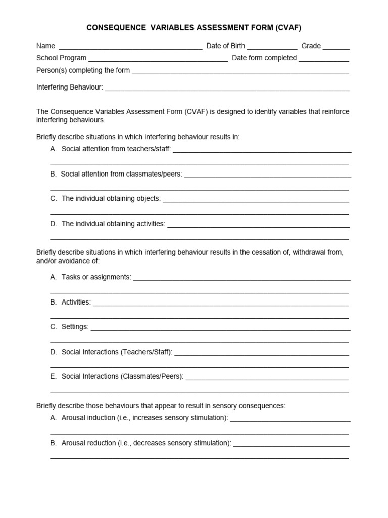 Consequence Variables Assessment Form | PDF | Cognitive Psychology ...